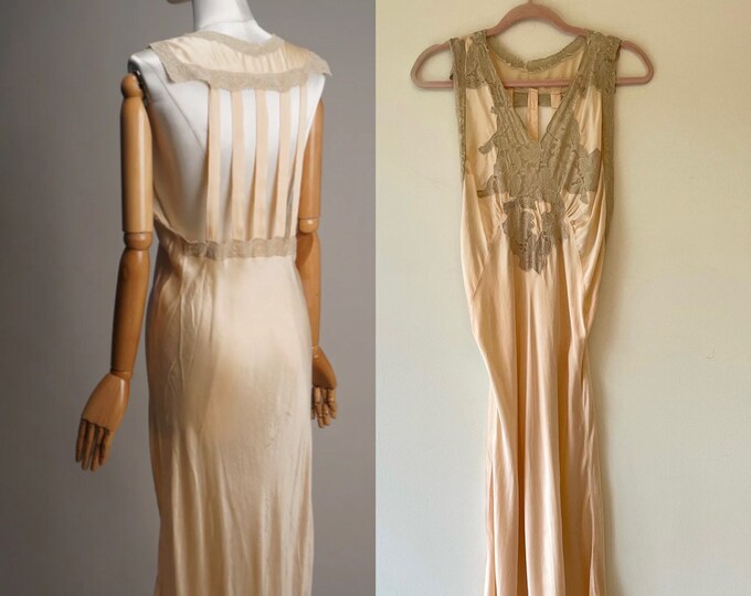 Vintage 1930s Silk Open Cut Out Back & French Lace Gown, 1930s Silk ...