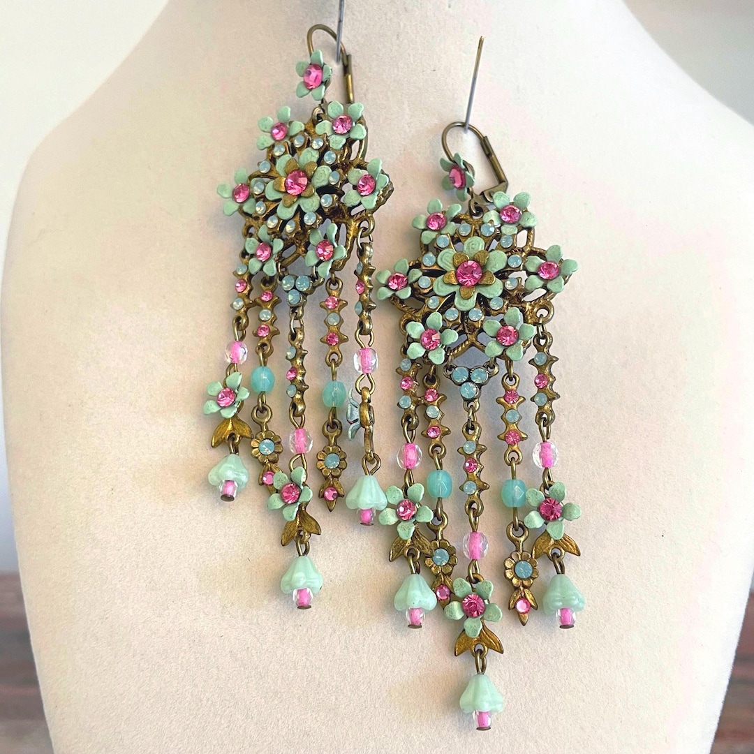 Vintage Michal Negrin Chandelier Earrings: Pastel Floral Enamel ...