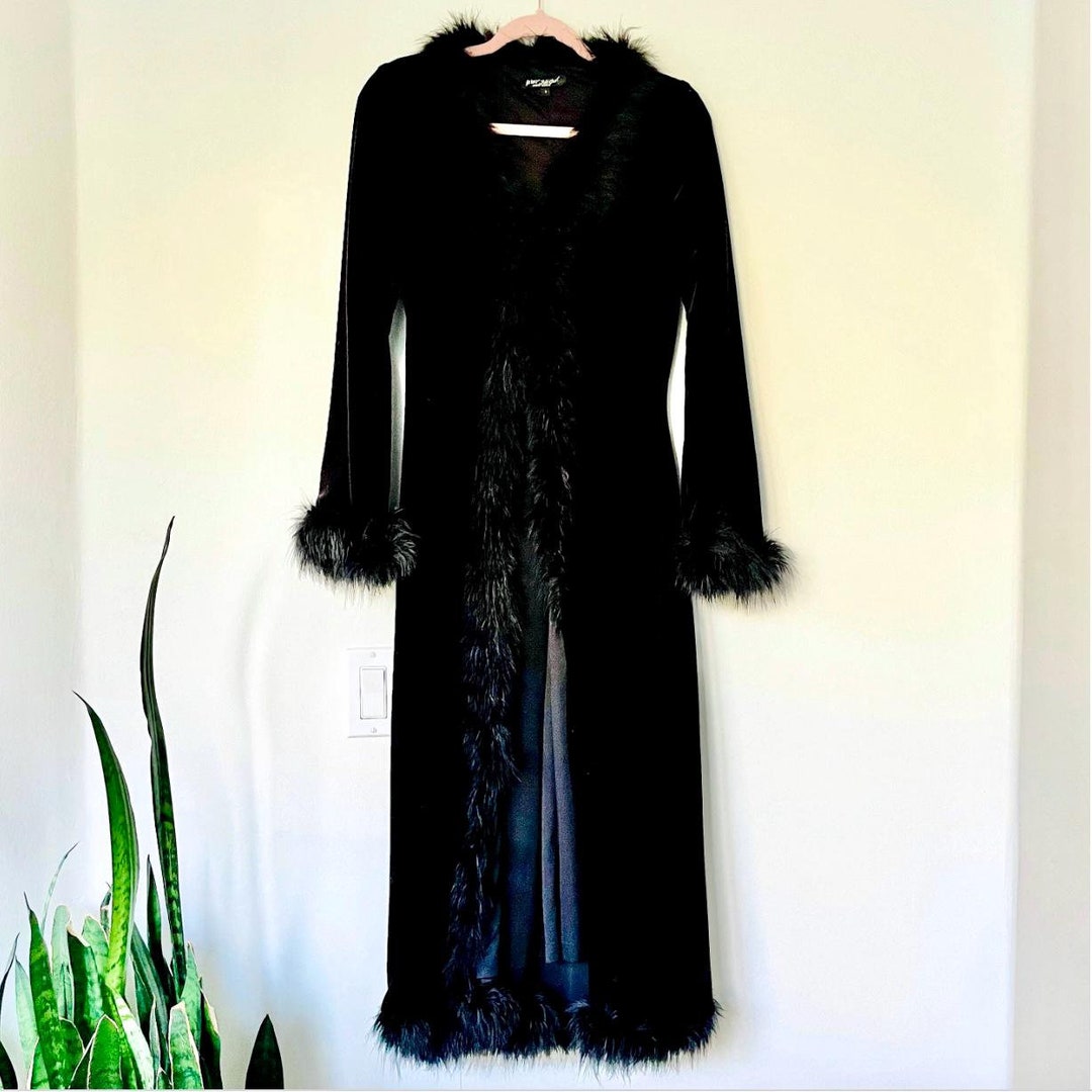 Vintage 90's Betsey Johnson Velvet Duster Coat Faux Fur Trim in Black ...