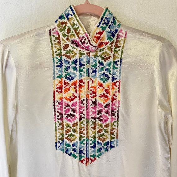 Vintage 1970's Hand Embroidered Satin Top, Boho 70's … - Gem