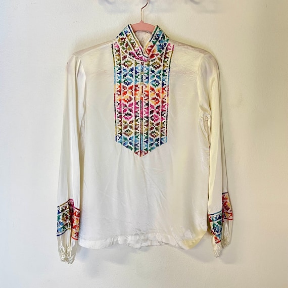 Vintage 1970's Hand Embroidered Satin Top, Boho 70's … - Gem