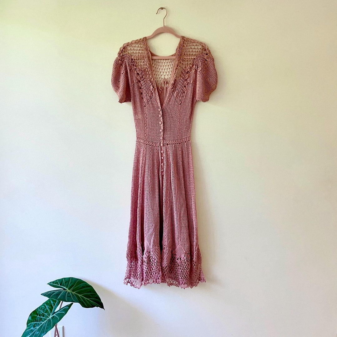Vintage 1930s Crochet Dress With Puff Sleeves & Covered Crochet Button ...
