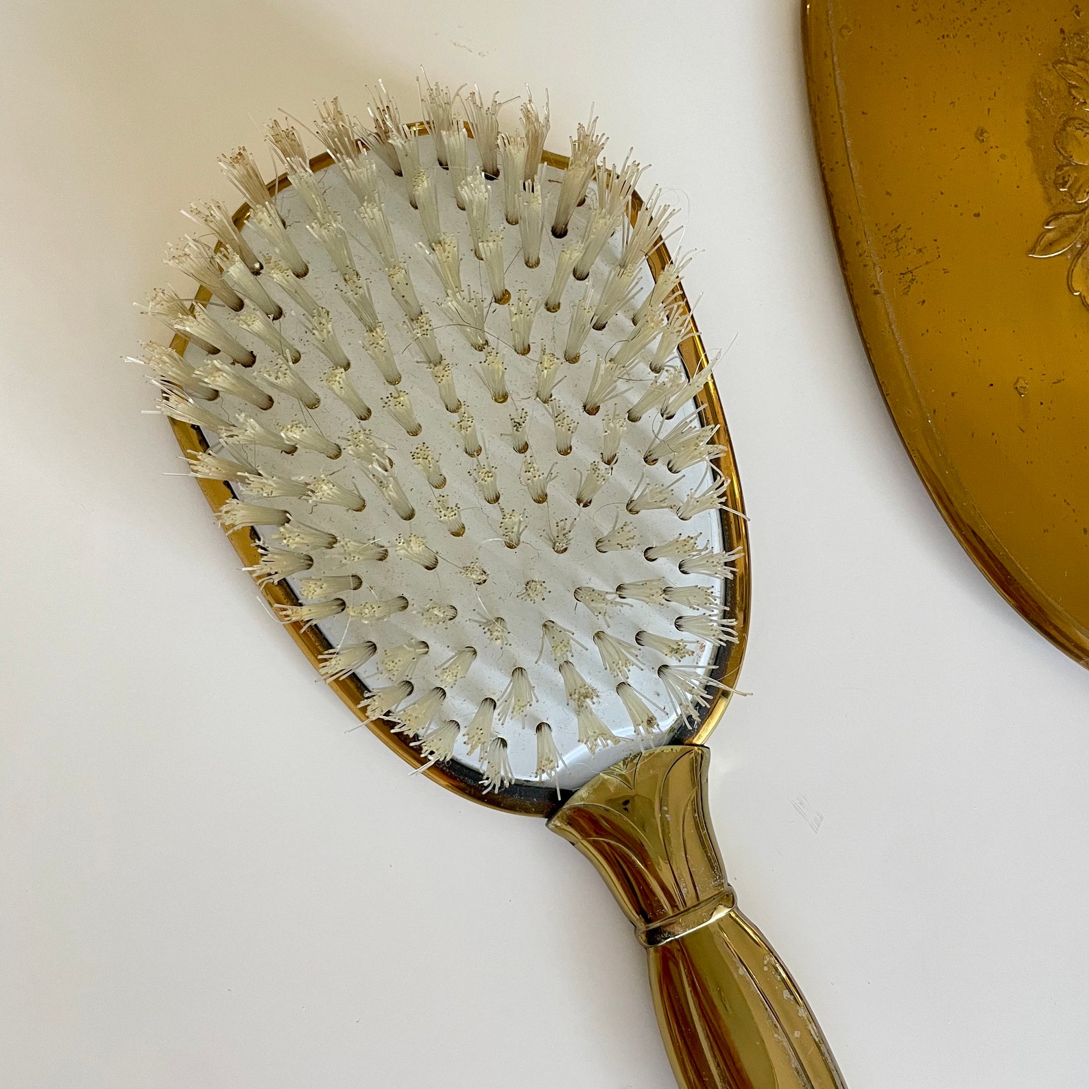 Antique 1930's Vanity Hair Brush & Hand Mirror Set in Gold - Etsy