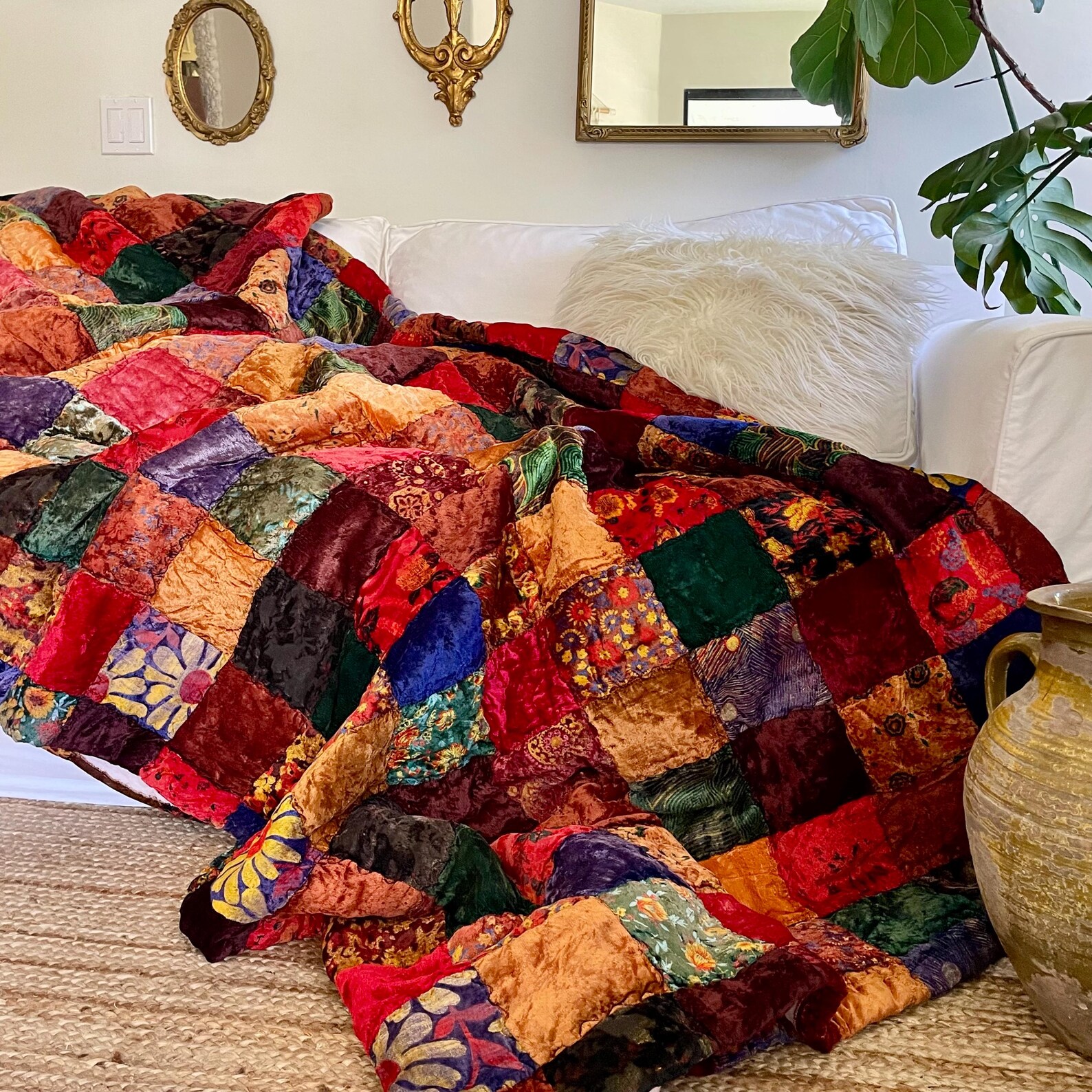 1970s Oversized Velvet Patchwork Quilt – King / California King ...