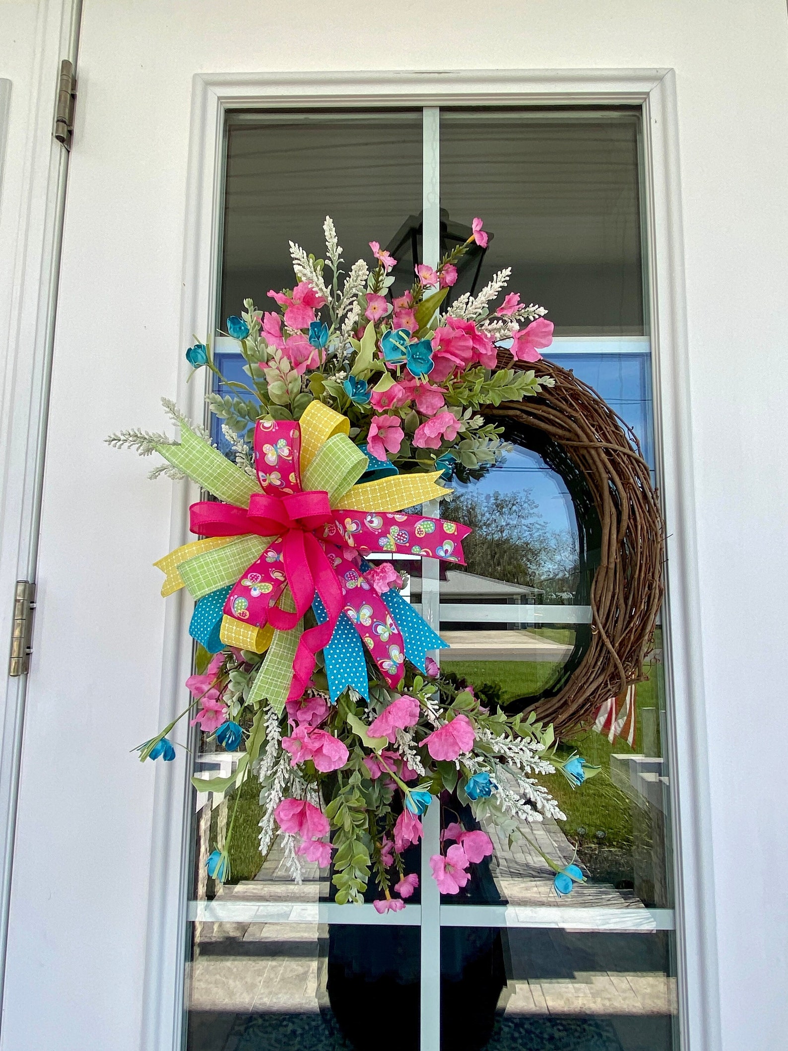 Spring Grapevine Wreath: Pink Flowers & Butterfly Ribbon - Etsy