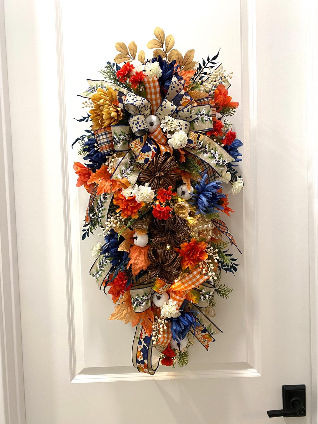 Fall Pumpkin Door Swag, Lighted Pumpkin Swag, Fall Swag, Pumpkin Wreath ...