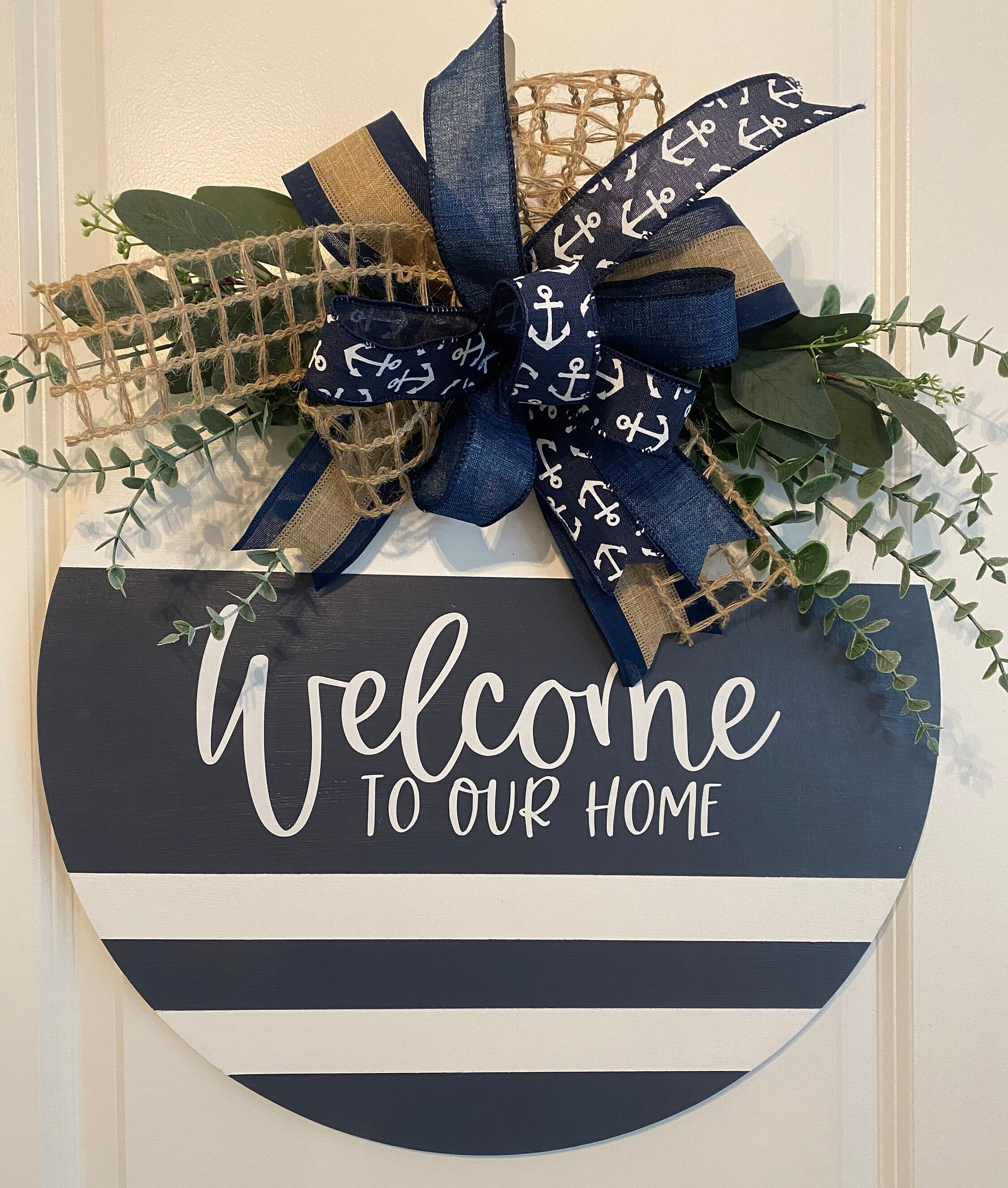Welcome to Our Home Wreath, Wood Round Door Hanger, Anchor Ribbon ...