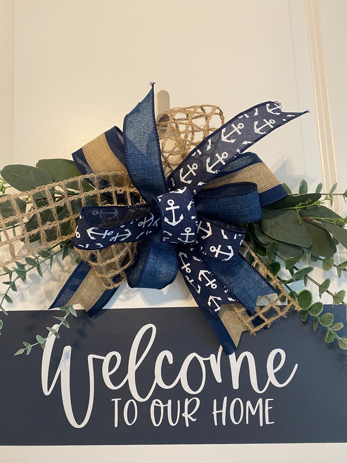 Welcome to Our Home Wreath, Wood Round Door Hanger, Anchor Ribbon ...
