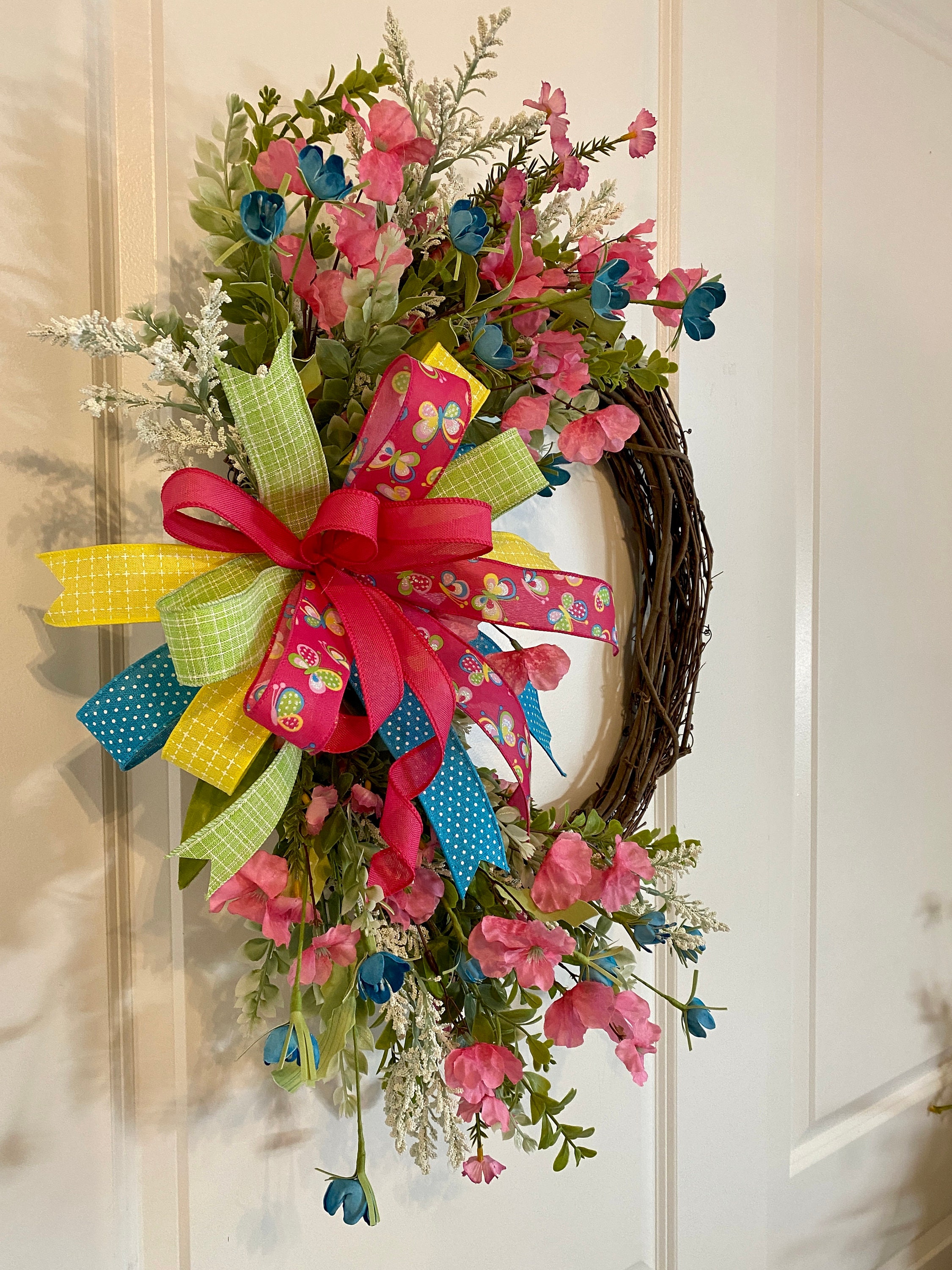 Spring Grapevine Wreath: Pink Flowers & Butterfly Ribbon - Etsy