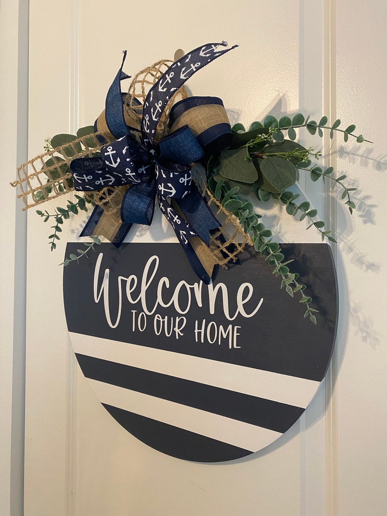 Welcome to Our Home Wreath, Wood Round Door Hanger, Anchor Ribbon ...