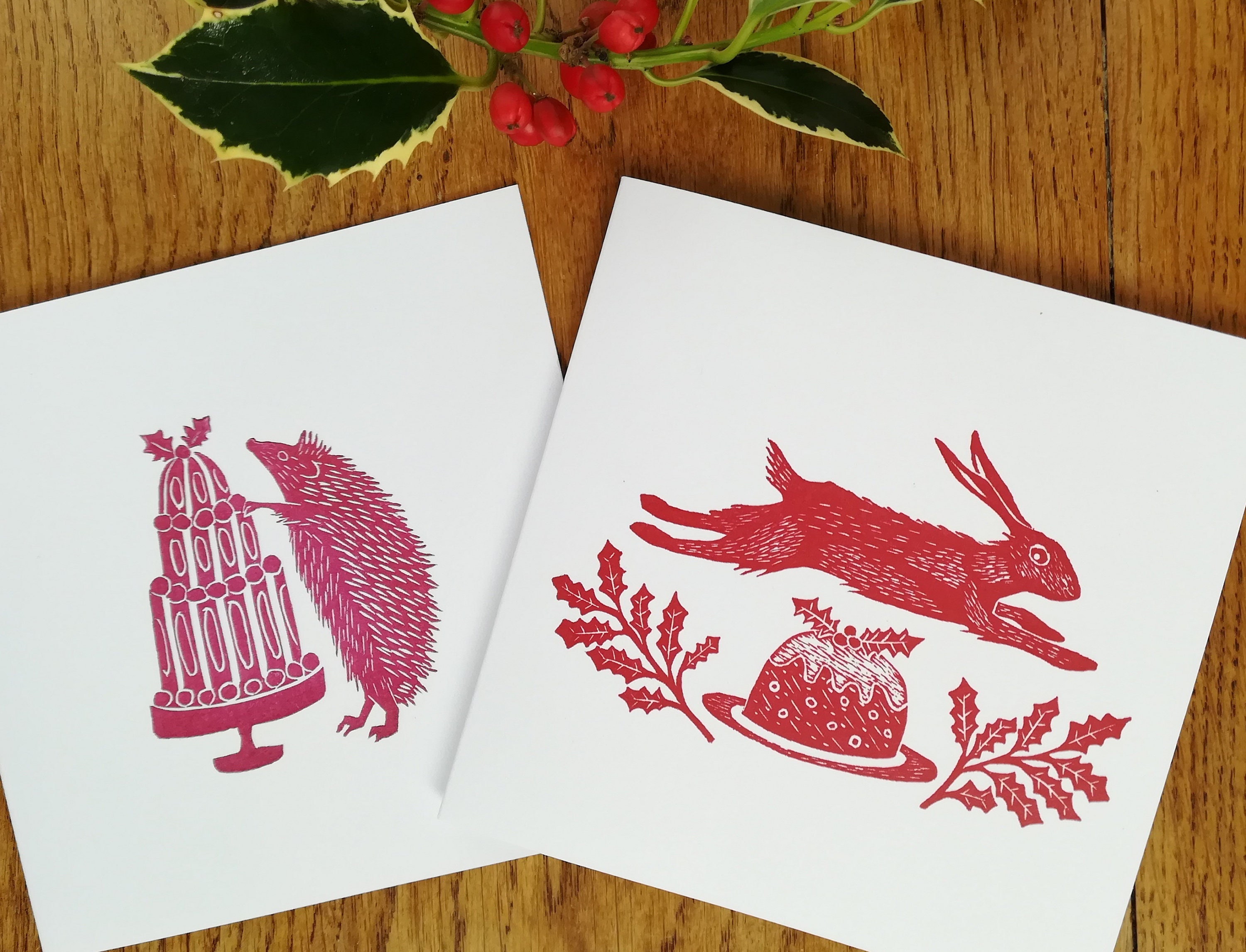 Hedgehog and Hare Christmas Cards From Original Lino Prints, Set of 8 ...