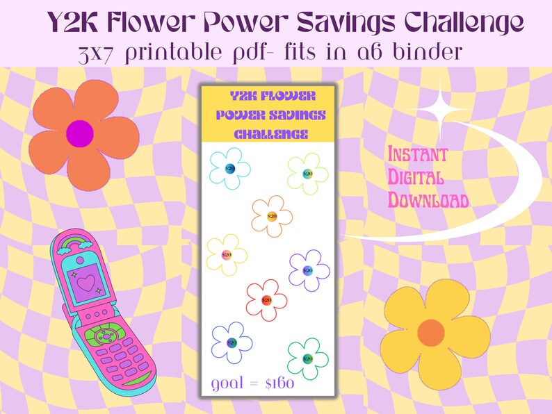 Y2k Flower Power Savings Challenge, 00's, Printable Pdf, Digital Download, Savings Tracker ...