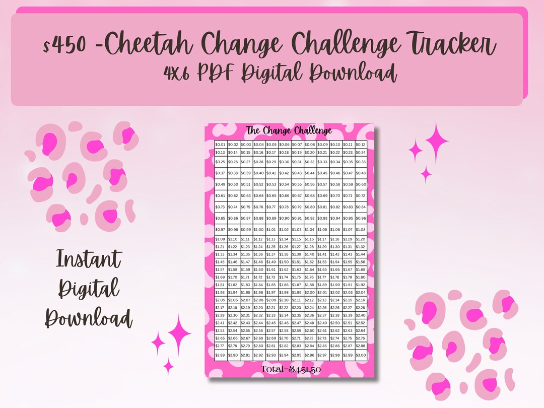 Change Challenge Tracker, Cheetah Print, 450 Dollar Challenge, Cash ...
