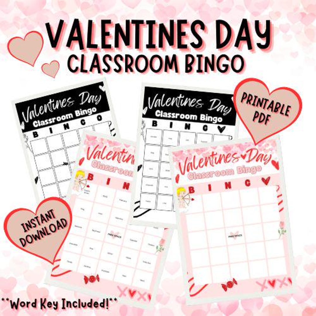 Valentine’s Day Bingo Printable – Classroom Bingo Game – Color & Black ...