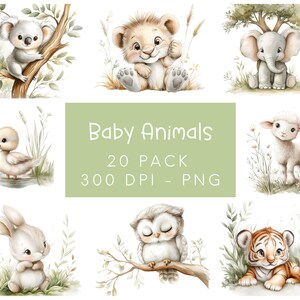Adorable Baby Animals Clipart Cute Watercolor Digital Art Nursery Decor ...