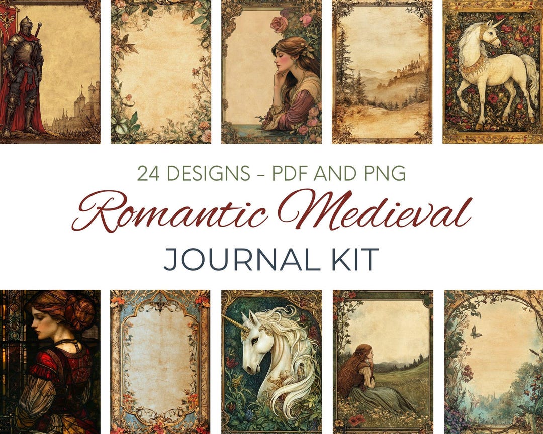 Romantic Medieval Junk Journal Kit, Knight & Maiden Journal Pages ...