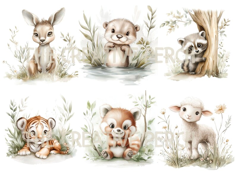 Adorable Baby Animals Clipart Cute Watercolor Digital Art Nursery Decor ...