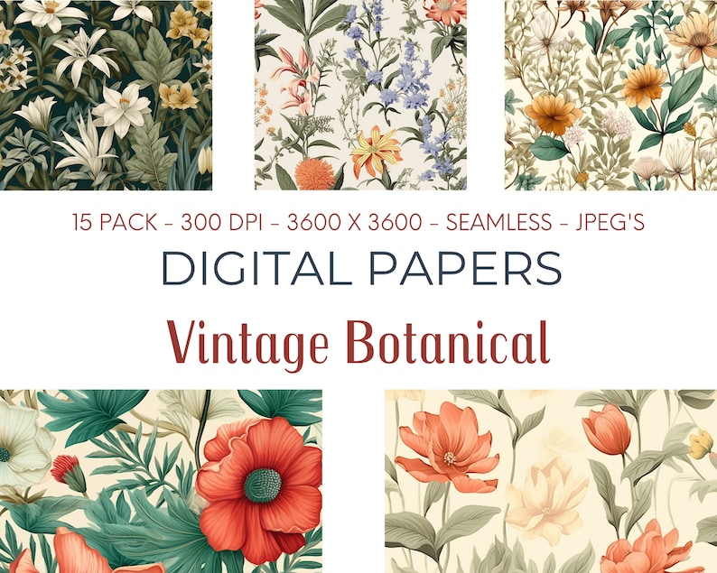 Vintage Botanical Digital Paper Seamless Pattern for Download Floral ...