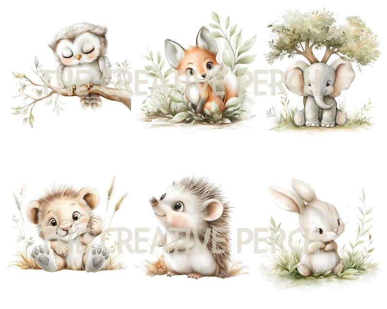 Adorable Baby Animals Clipart Cute Watercolor Digital Art Nursery Decor ...