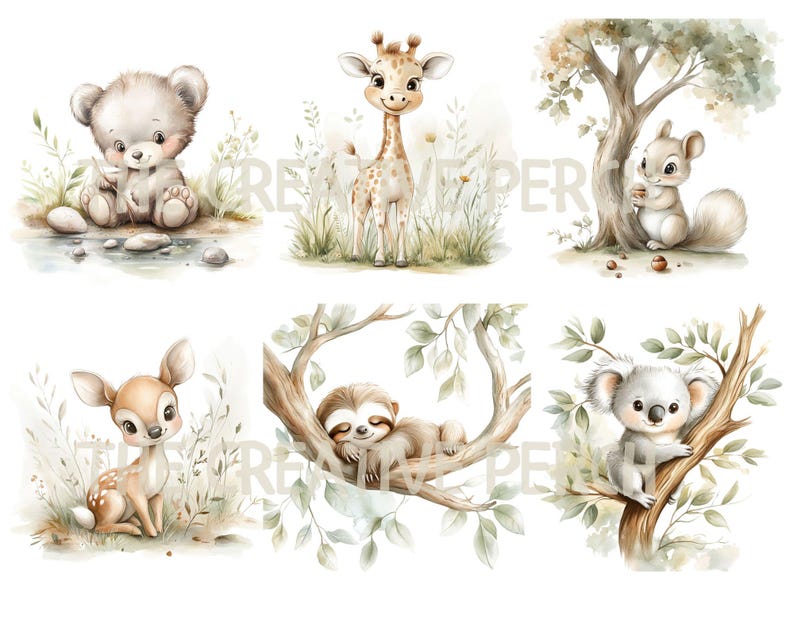 Adorable Baby Animals Clipart Cute Watercolor Digital Art Nursery Decor ...