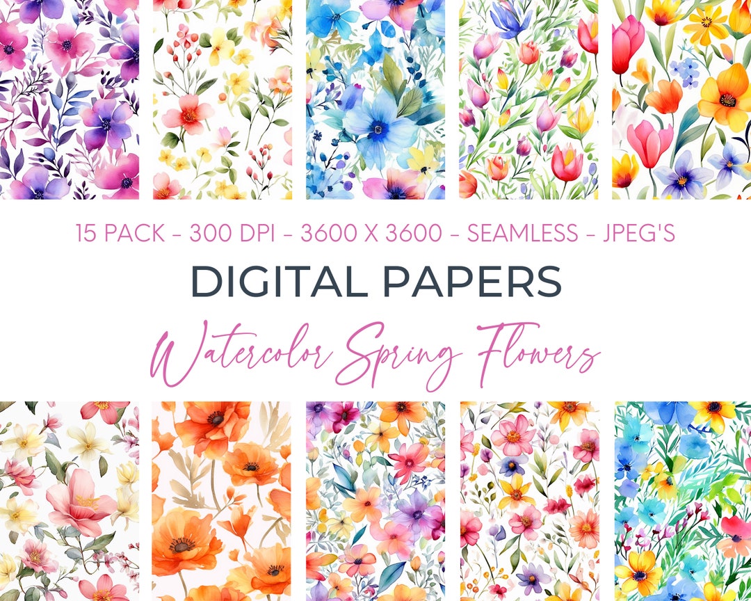 Watercolor Spring Flowers Digital Paper Seamless Pattern Floral Digital ...