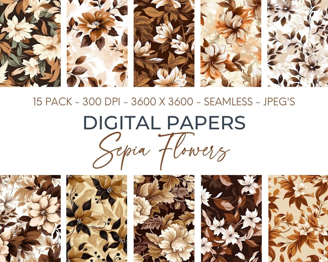 Sepia Flowers Digital Paper Floral Seamless Pattern Vintage Flowers ...
