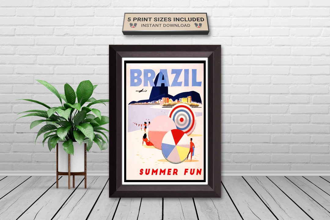 Vintage BRAZIL Travel Poster, Beach Umbrellas Vacation Decor, South ...