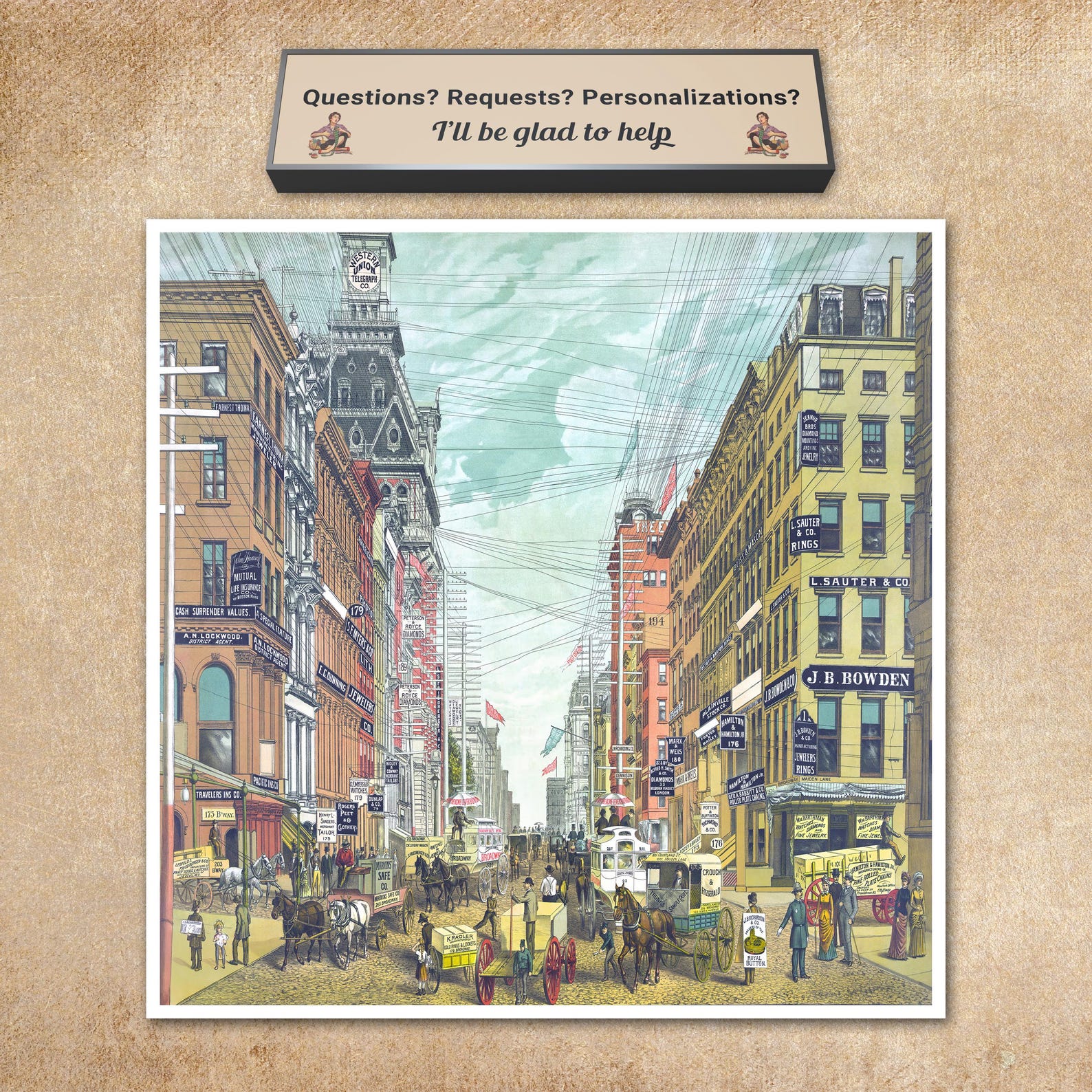 Vintage Broadway NYC Print: 1885 Lower Manhattan Cityscape (digital ...