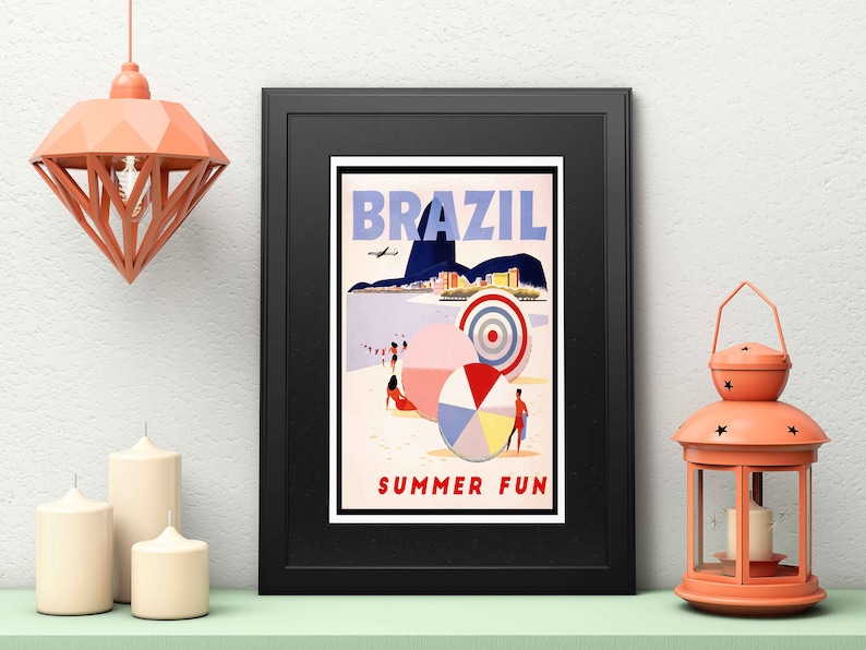 Vintage BRAZIL Travel Poster, Beach Umbrellas Vacation Decor, South ...