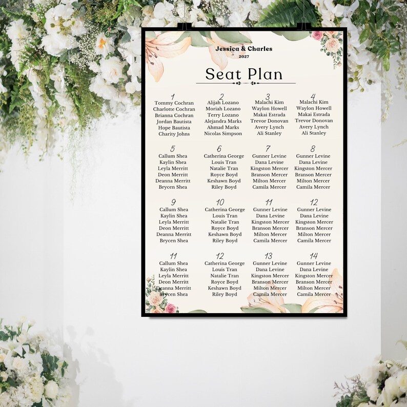 Boho Seating Chart Template, Vintage Seating Plan, Floral Seating Chart ...