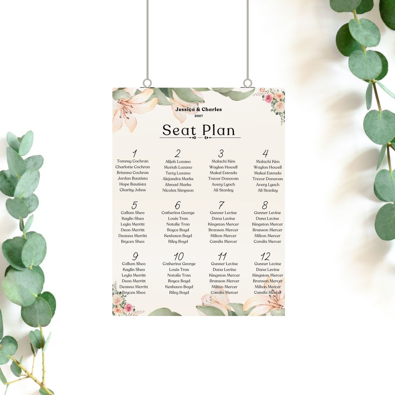 Boho Seating Chart Template, Vintage Seating Plan, Floral Seating Chart ...