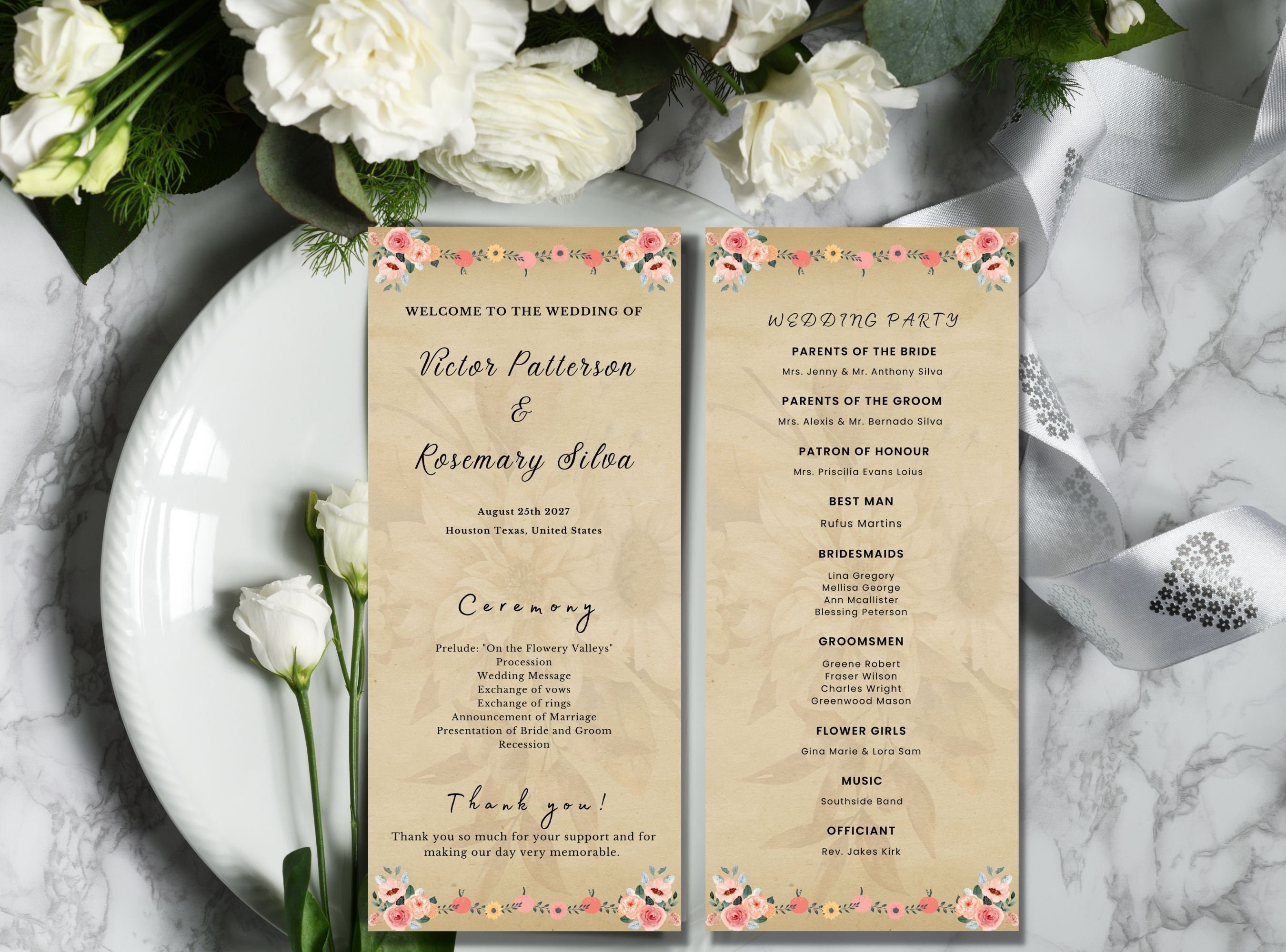 Wedding Program Template, Vintage and Floral, Elegant Wedding Day ...