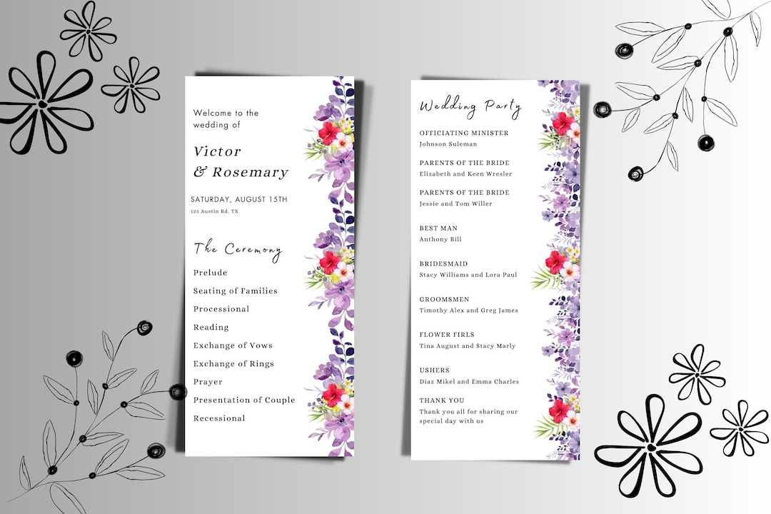 Floral Program Template, Boho Wedding Program, Wedding Day Program ...