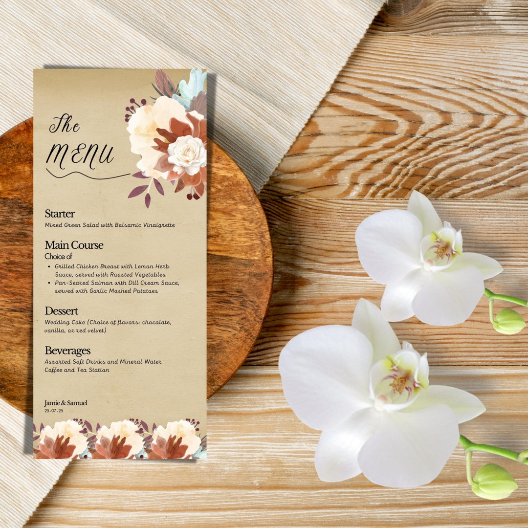Elegant Wedding Menu Template, Bridal Shower Party Menu, Boho Floral ...