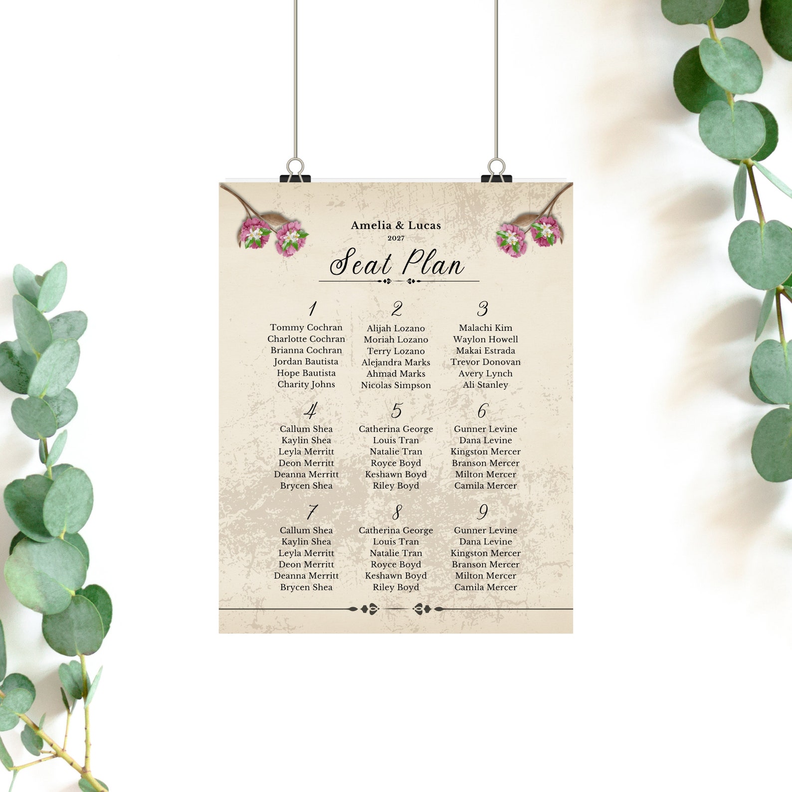 Seating Chart Template, Vintage Seating Chart Template, Floral Seating ...
