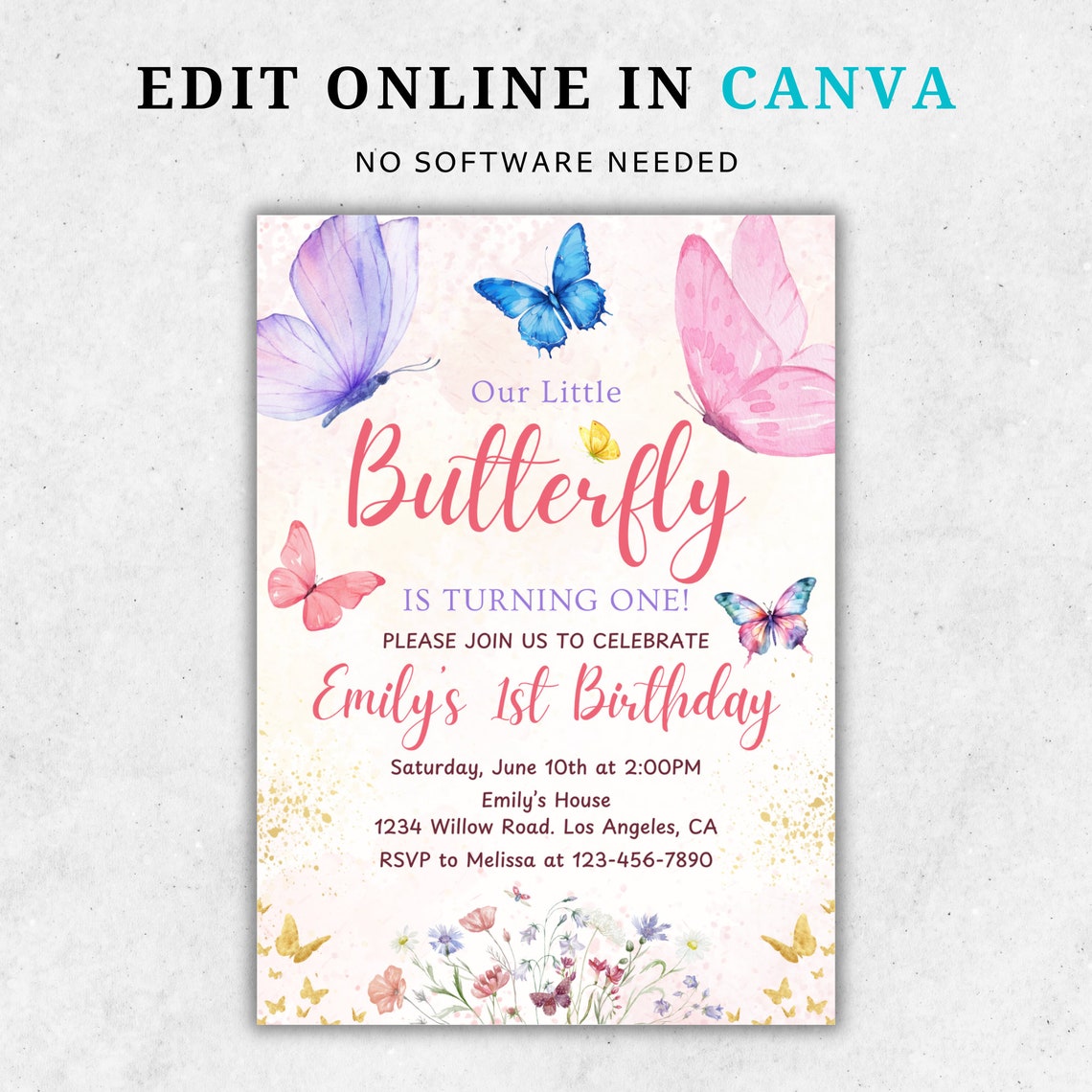 Editable Butterfly Birthday Invitation, Butterfly Birthday Party Invite ...