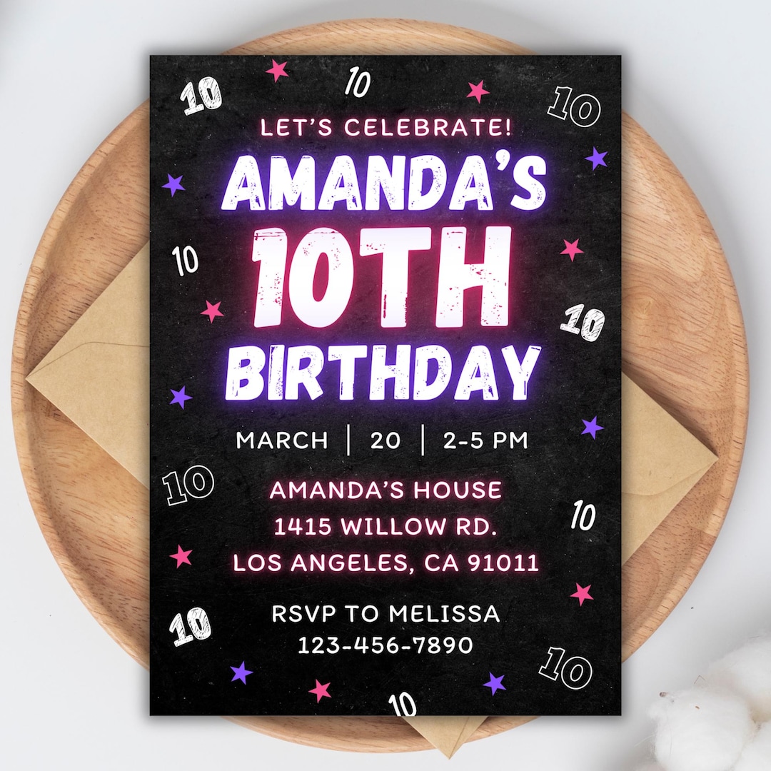 Editable Girl 10th Birthday Invitation, 10th Neon Birthday Party Invite ...
