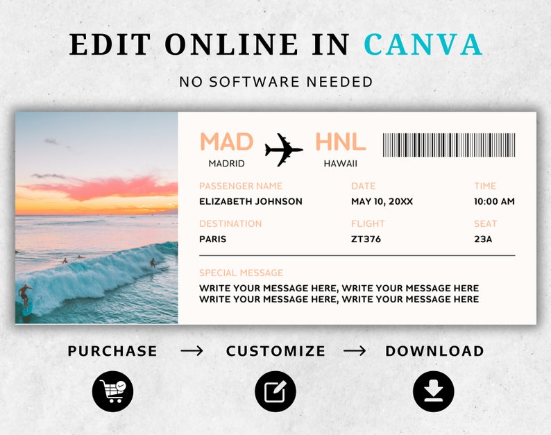 Boarding Pass Ticket Template Surprise Fake Airline Ticket Trip Gift ...