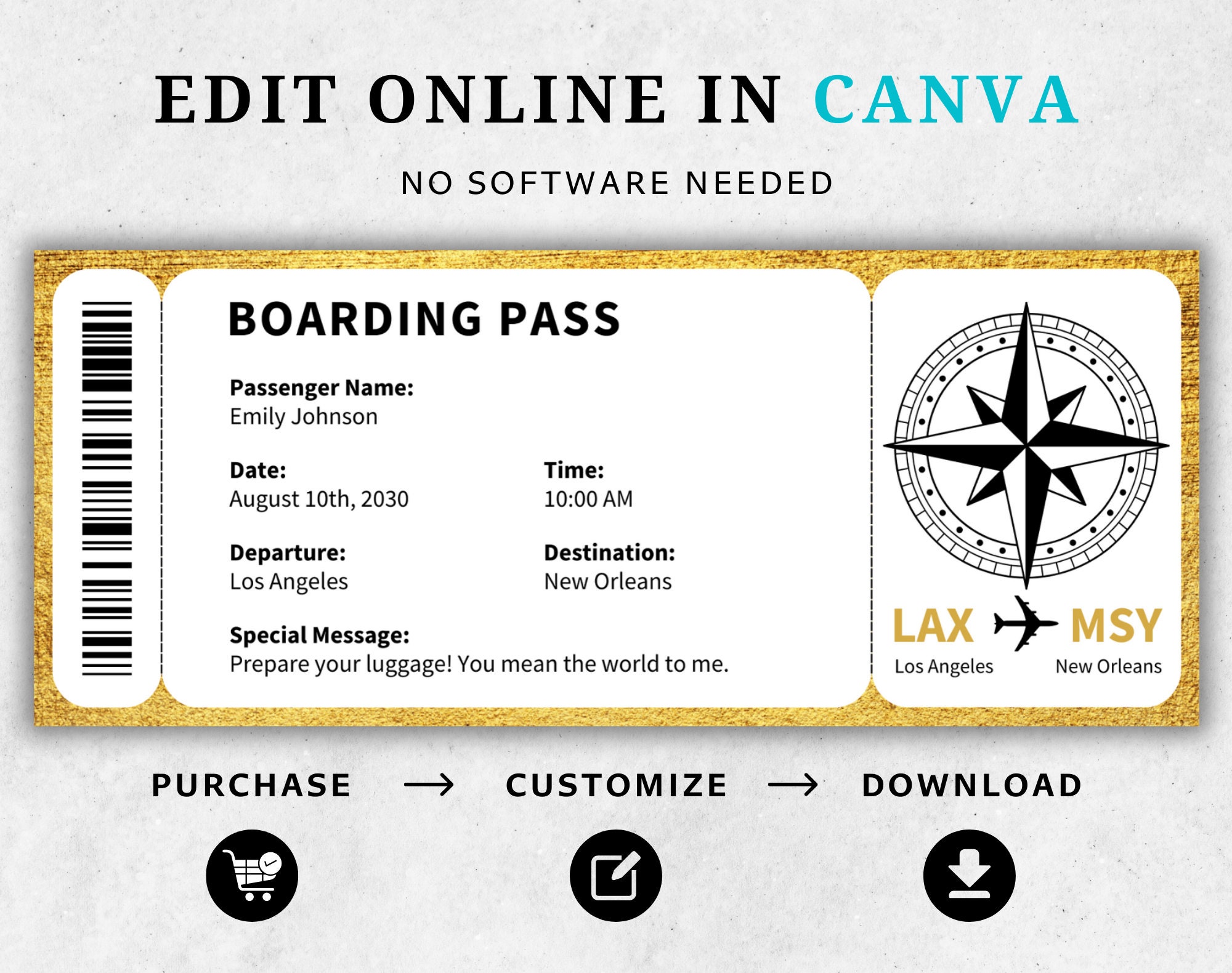 Editable Boarding Pass Template - Printable Personalized Airline Ticket ...