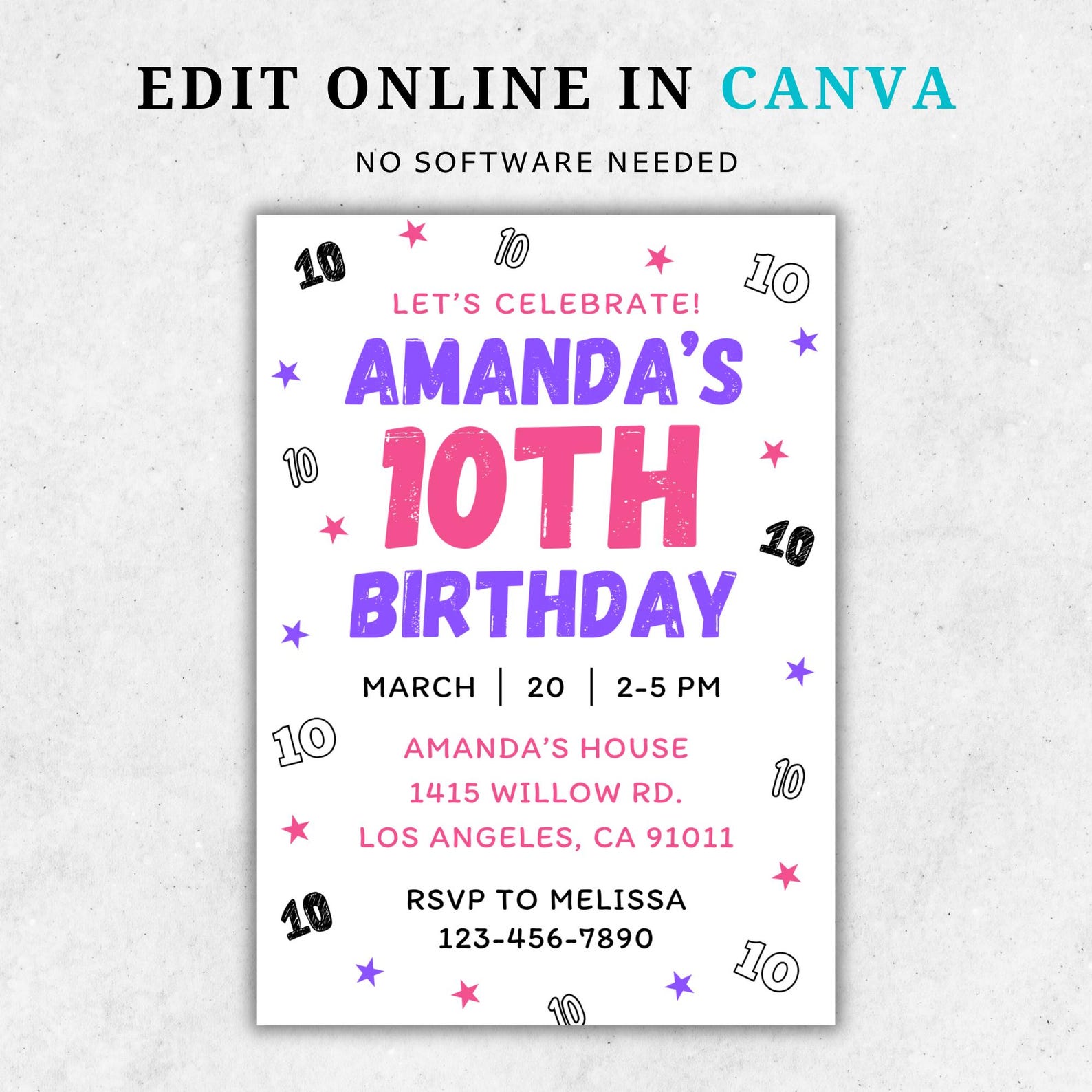 Editable Girl 10th Birthday Invitation, 10th Girl Birthday Party Invite ...