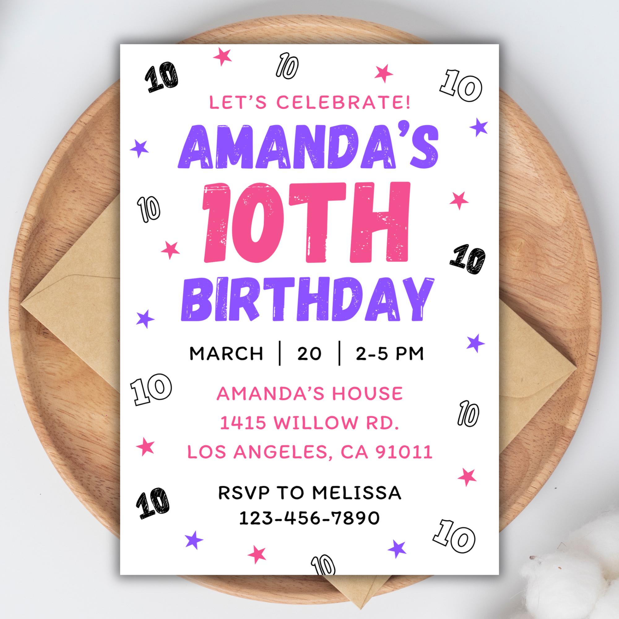Editable Girl 10th Birthday Invitation, 10th Girl Birthday Party Invite ...