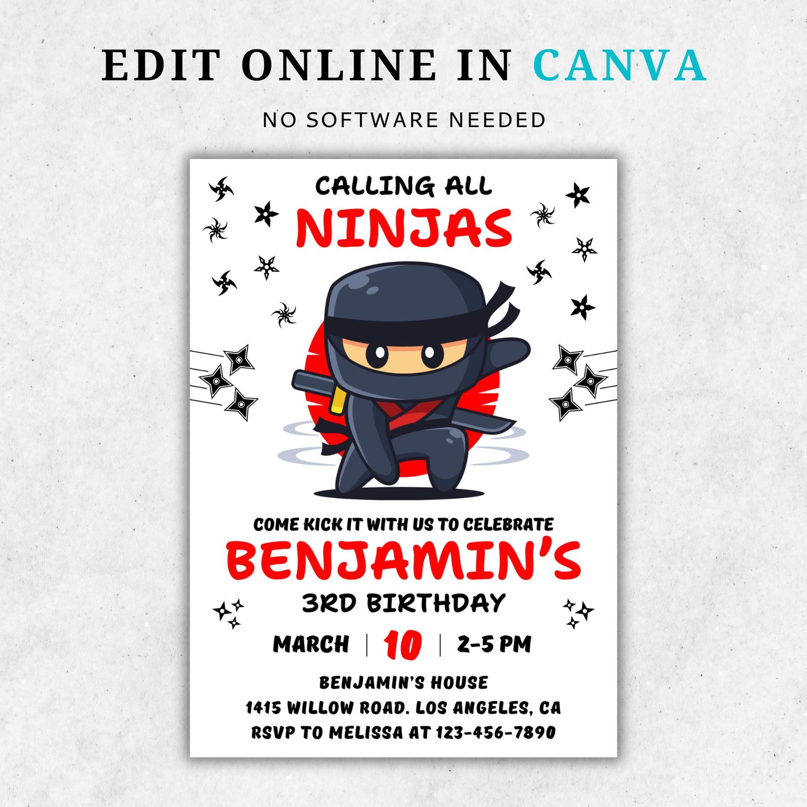 Editable Ninja Birthday Invitation, Ninja Warrior Birthday Party Invite ...