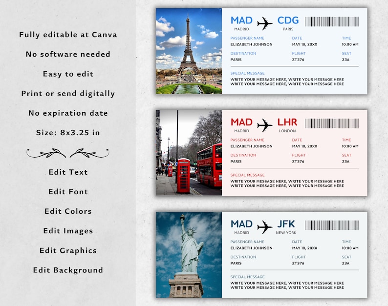 Boarding Pass Ticket Template Surprise Fake Airline Ticket Trip Gift ...