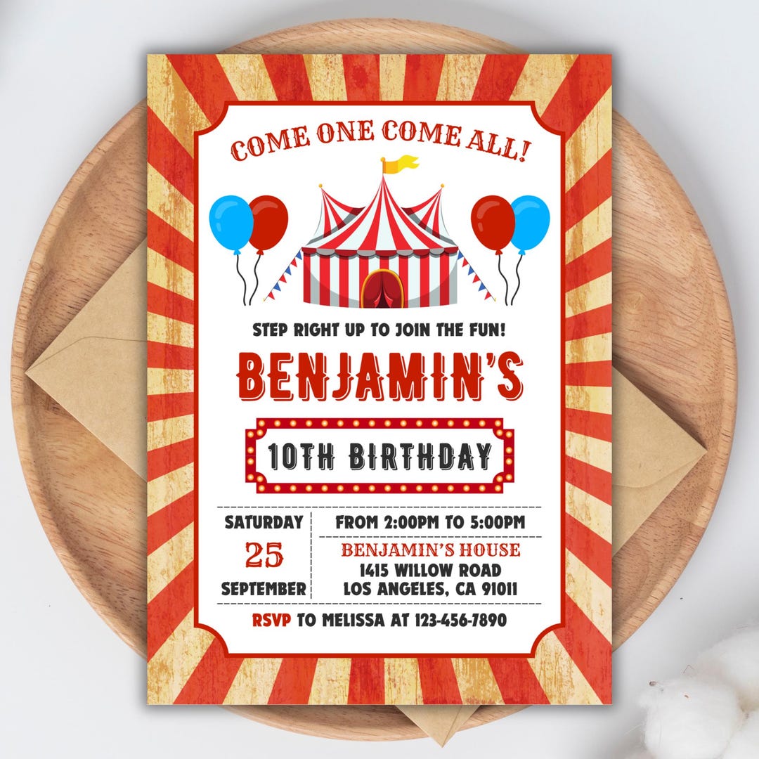Editable Carnival Birthday Invitation, Circus Birthday Party Invite ...