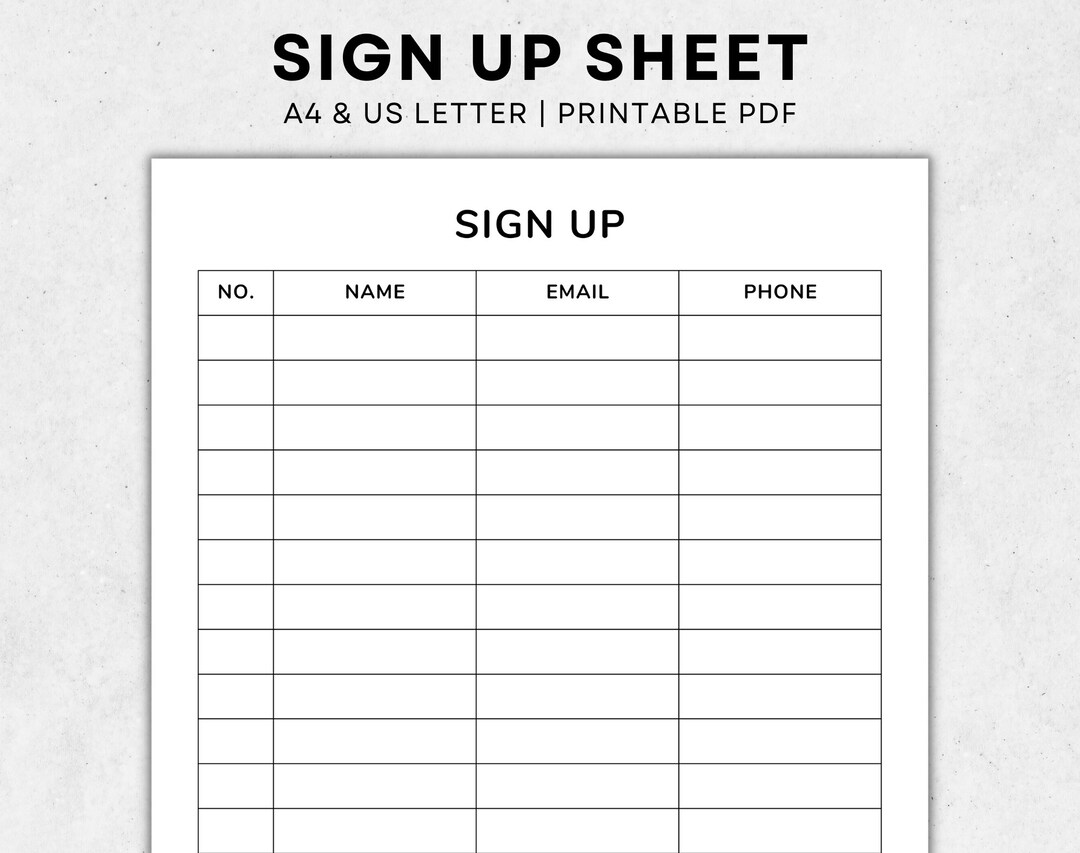 Sign up Sheet Printable - Sign up Template - Registration Form Sheet ...