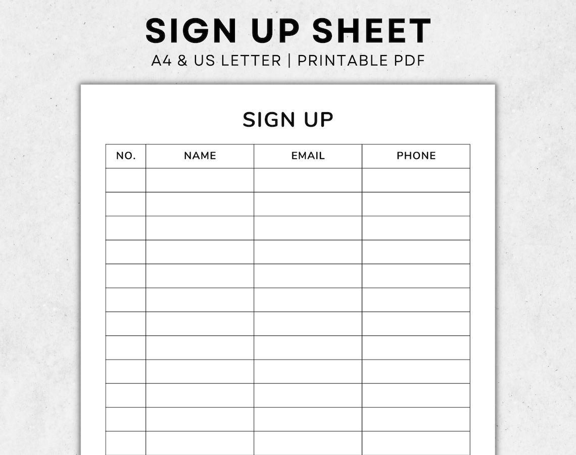 Sign up Sheet Printable Sign up Template Registration Form Sheet ...