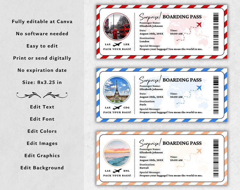 Editable Boarding Pass Canva Template Printable Personalized Airline ...