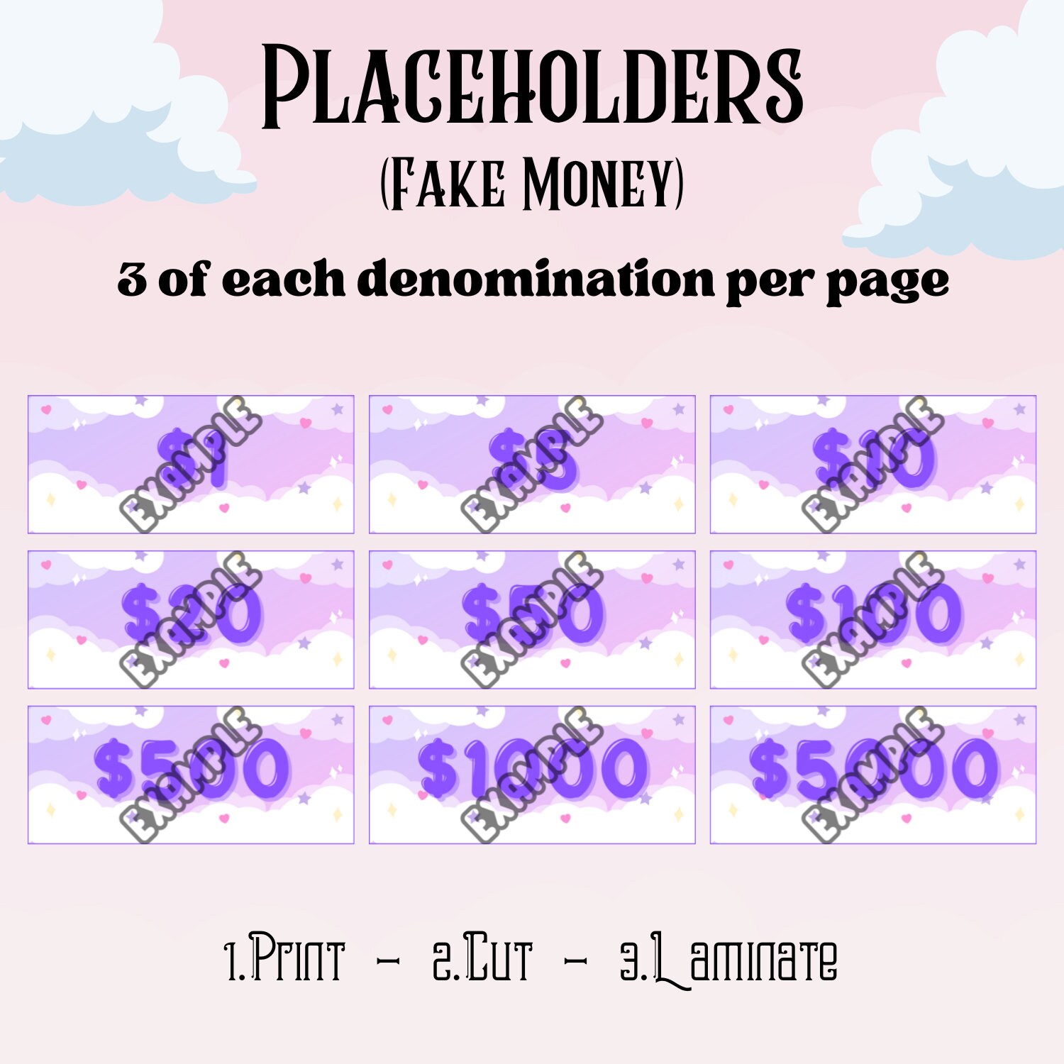 Purple Clouds Fun Placeholders Aka Fake Money 9 Different - Etsy
