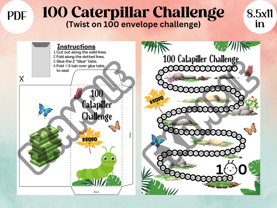 100 Caterpillar Challenge 2-page PDF With Tracker and Envelope to Save ...