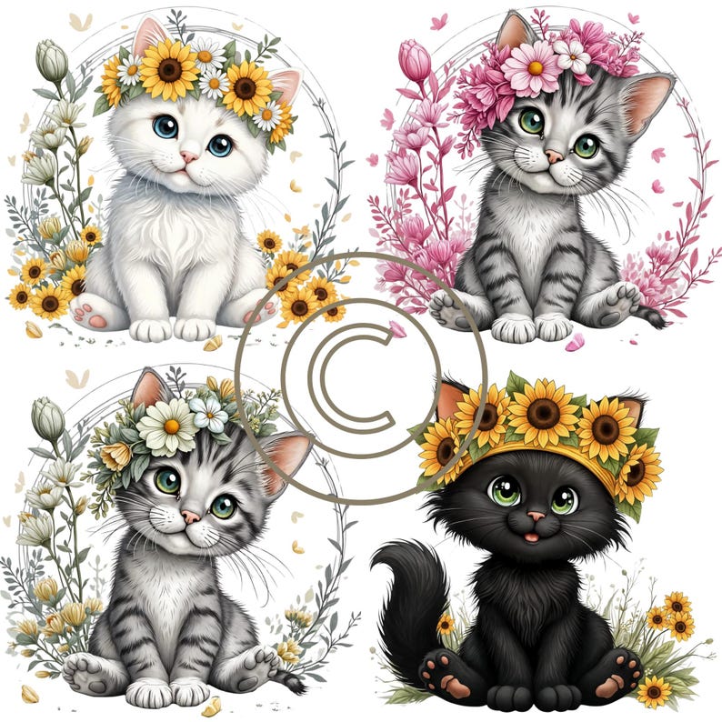 Floral Cat Clipart PNG Bundle, Kitten With Flowers (digital Download ...